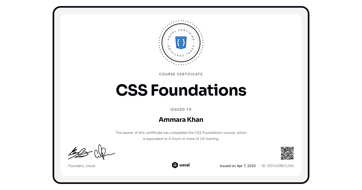 Certificate of completion for CSS Foundations | Uxcel